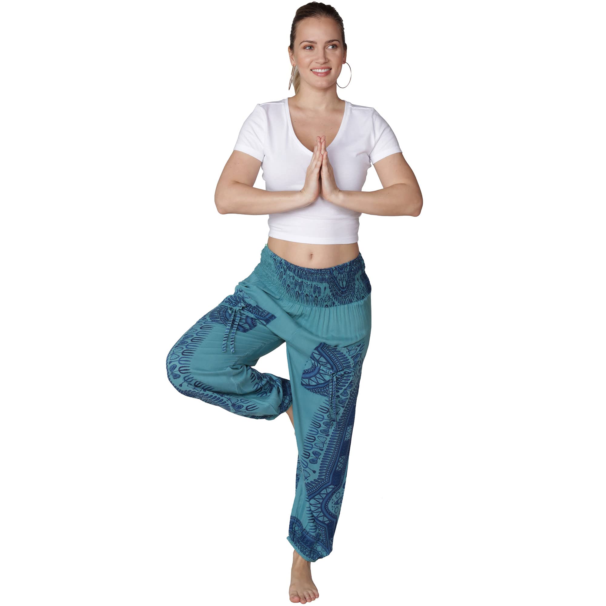 INGEAR Smocked Boho Harem Pants for Women - Hippie Bohemian Casual Gypsy Print, Ideal Yoga Pant - Baggy Harem Pants (X-Large, Solid Black)