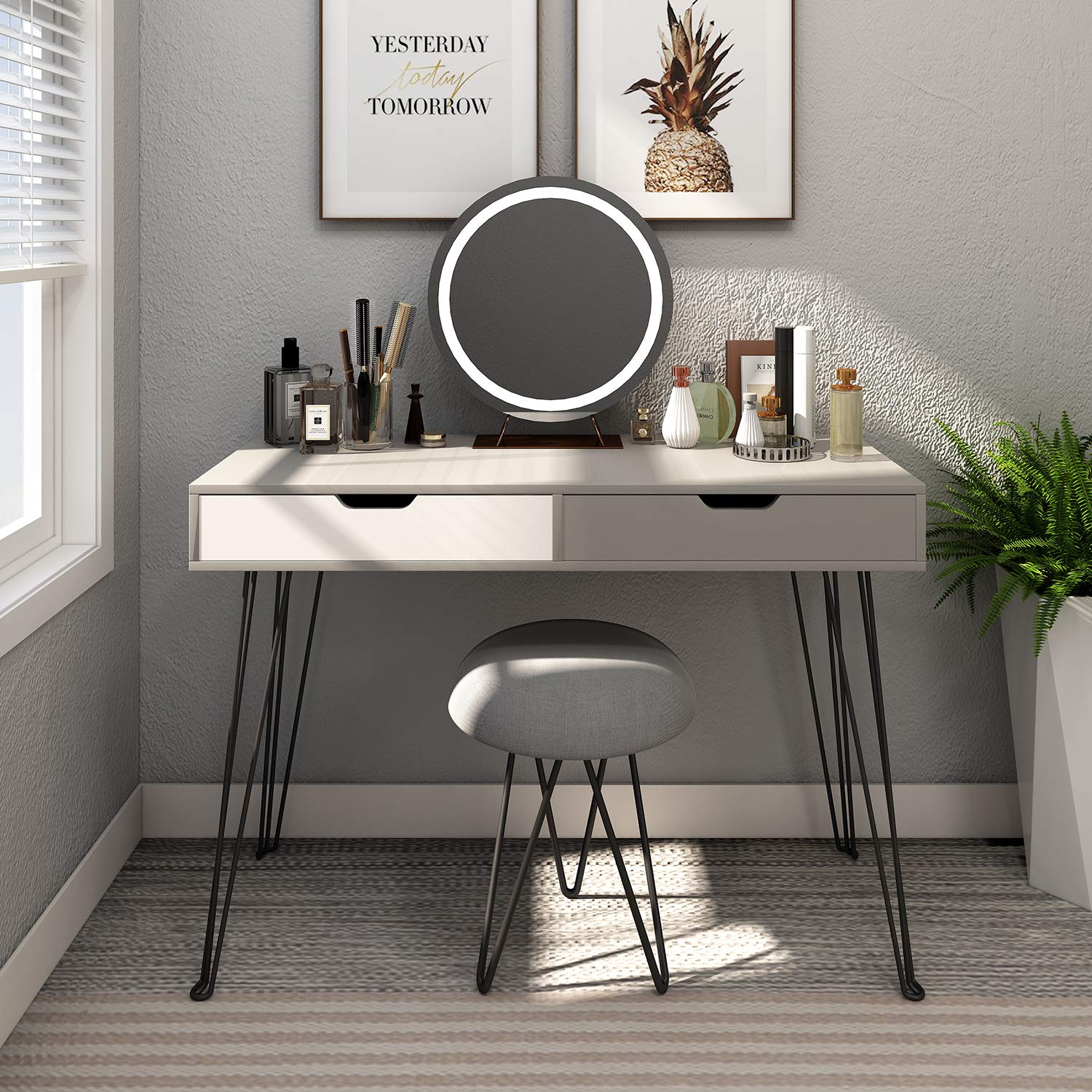 GHQME Multifunctional Computer Desk 43" with 2 Drawers Home Office Desk Writing Study Desk Vanity Table Vanities - Gray