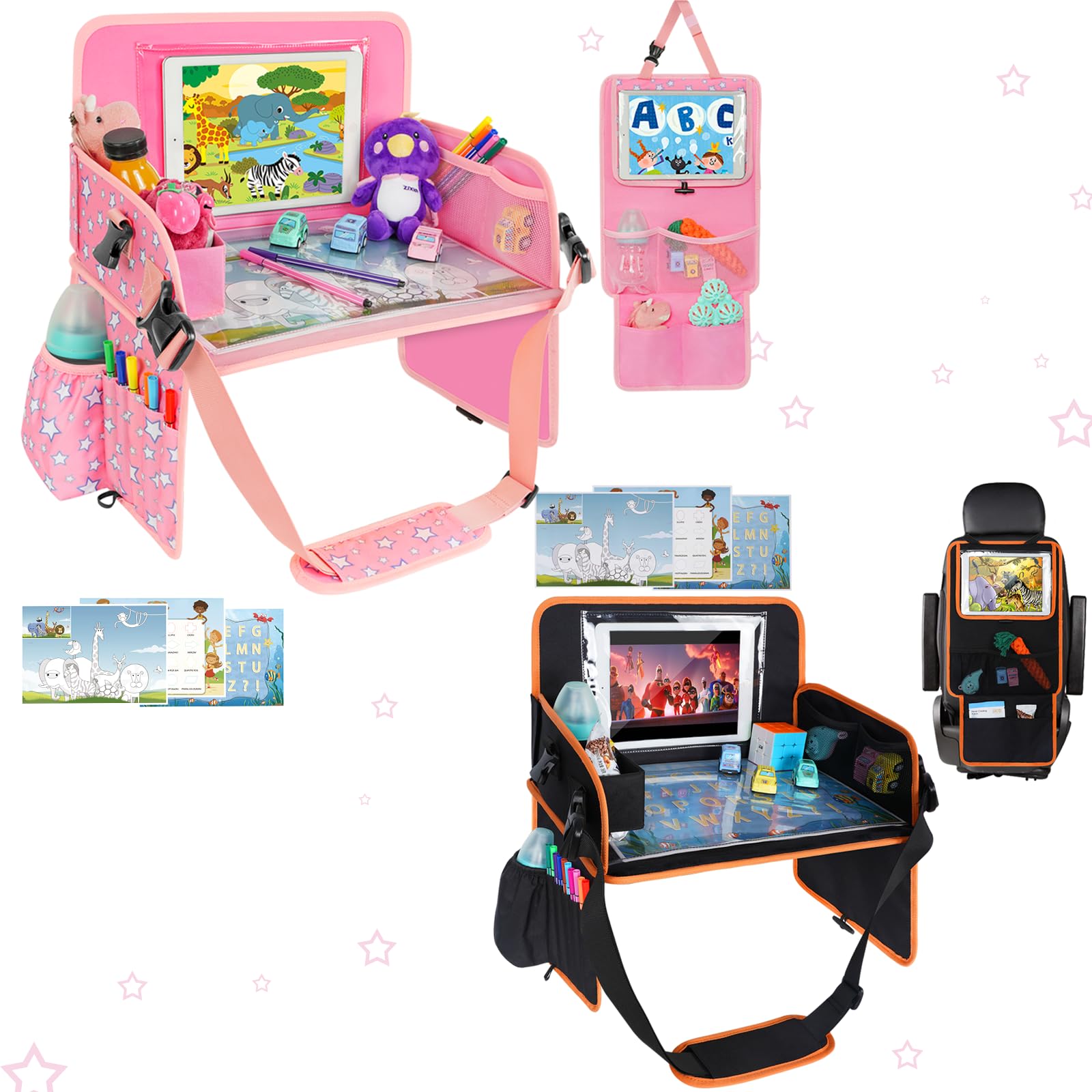 MENZOKE Pink & Black Kids Travel Tray Bundle,2 In 1 Backseat Car Organizer for Little KIds with Educational Drawing Board,Tablet Holder&Cooler Cup Holder, Car Seat Tray for Kid Travel, Birthday Gifts
