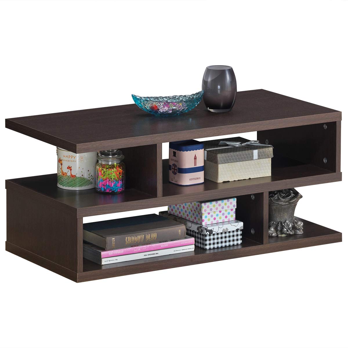Giantex Coffee Table, Rectangular Tea Table with Storage Shelf, 3-Tier Sofa Table, Modern Console Table, Space Saving Organizer, Furniture for Home Living Room Office, Brown (Brown)