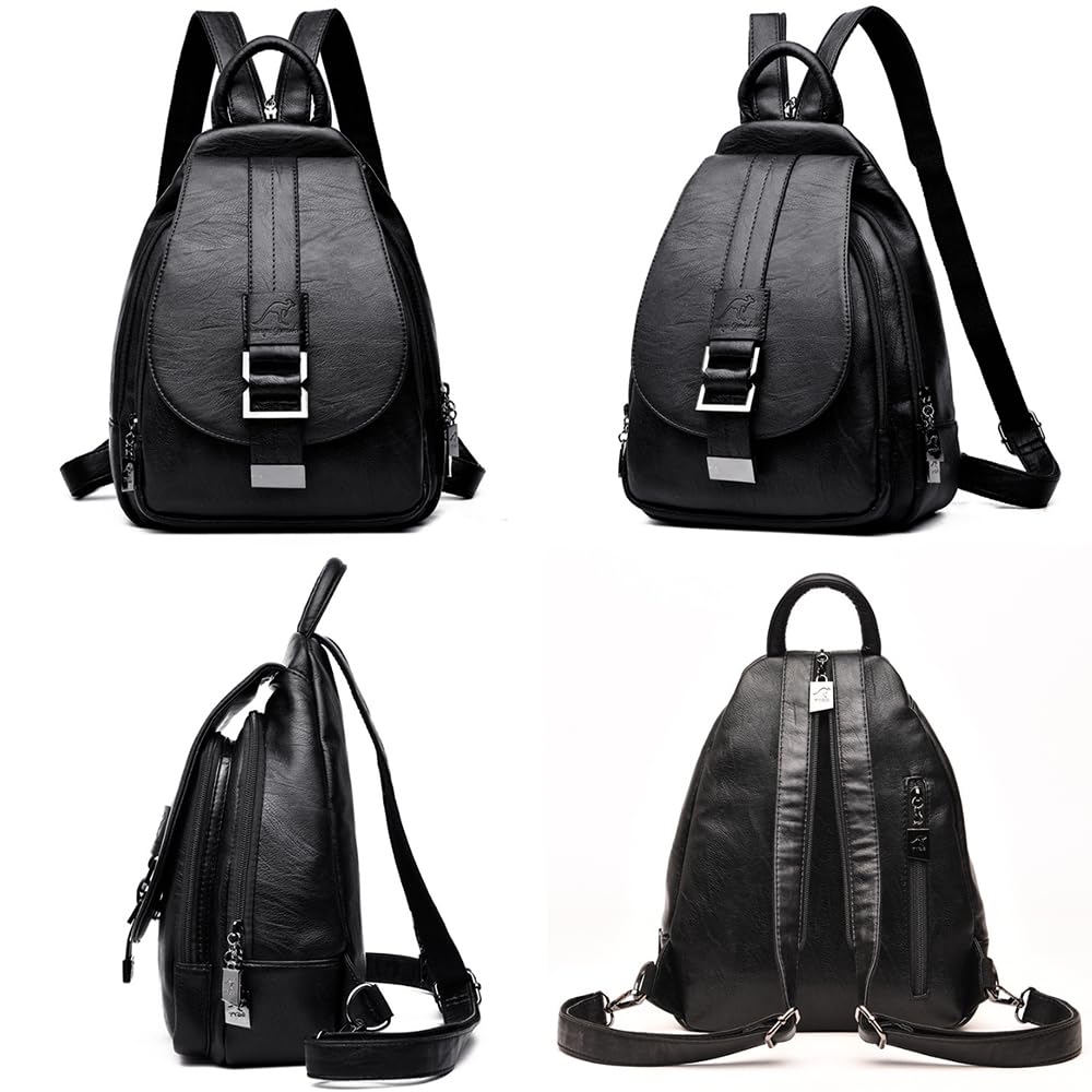 GJGJTER Women Backpack Purse PU Leather Fashion Daypack Multiple pockets Shoulder Bag Shoulder Strap with Zipper Closure-Black