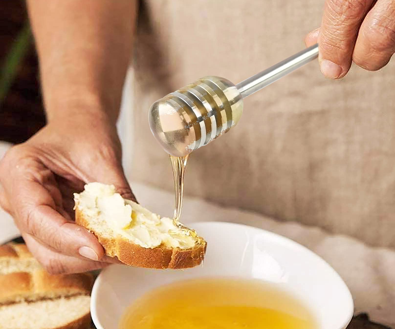 HOME-X Stainless-Steel Honey Dipper Wand for Honey Jars, Stainless-Steel Stirrer for Serving Honey and Syrup, Candy and Chocolate Drizzler Tool, 6 ¼” L x ¾” D, Stainless Steel