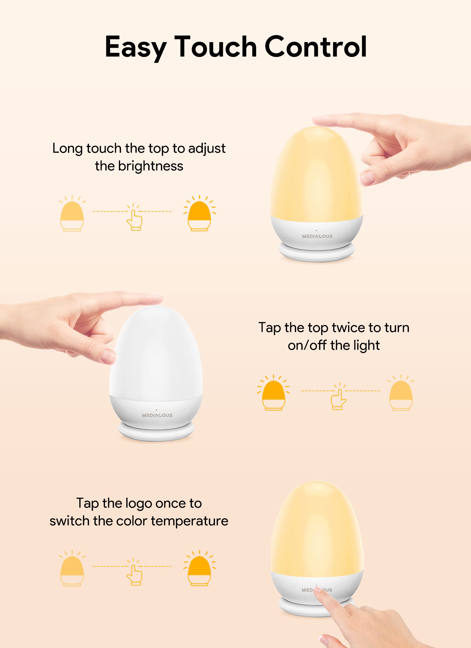 MediAcous Night Lights for Kids, Baby Night Light with Stable Charging Pad, Portable Night Light with Touch Control & 1H Timer, Stepless Dimming, ABS+PC Egg Night Light for Baby Nursery