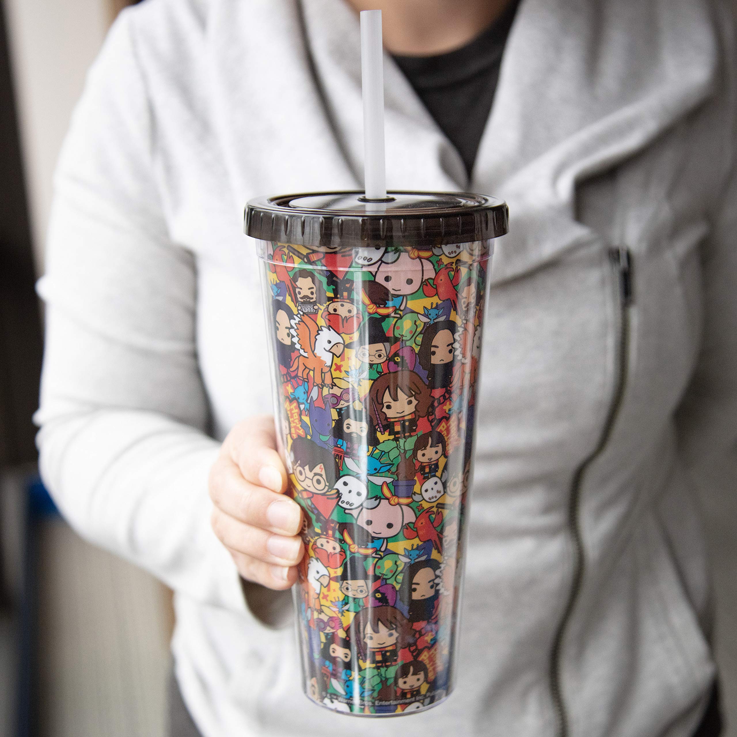 Harry Potter Travel Cup with Straw & Lid, 22 oz - Insulated Plastic To-Go Tumbler with Cute Chibi Character Design - Officially Licensed - Gift for Kids, Teens & Adults