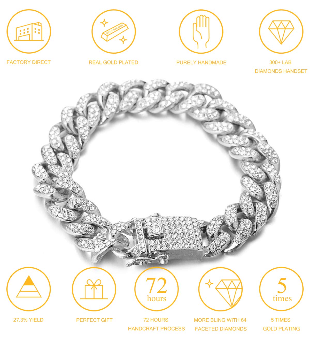 Halukakah Diamond Cuban Link Chain for Women 13.5MM Platinum White Gold Finish Bracelet 7",Full Cz Diamond Cut Prong Set,with Giftbox
