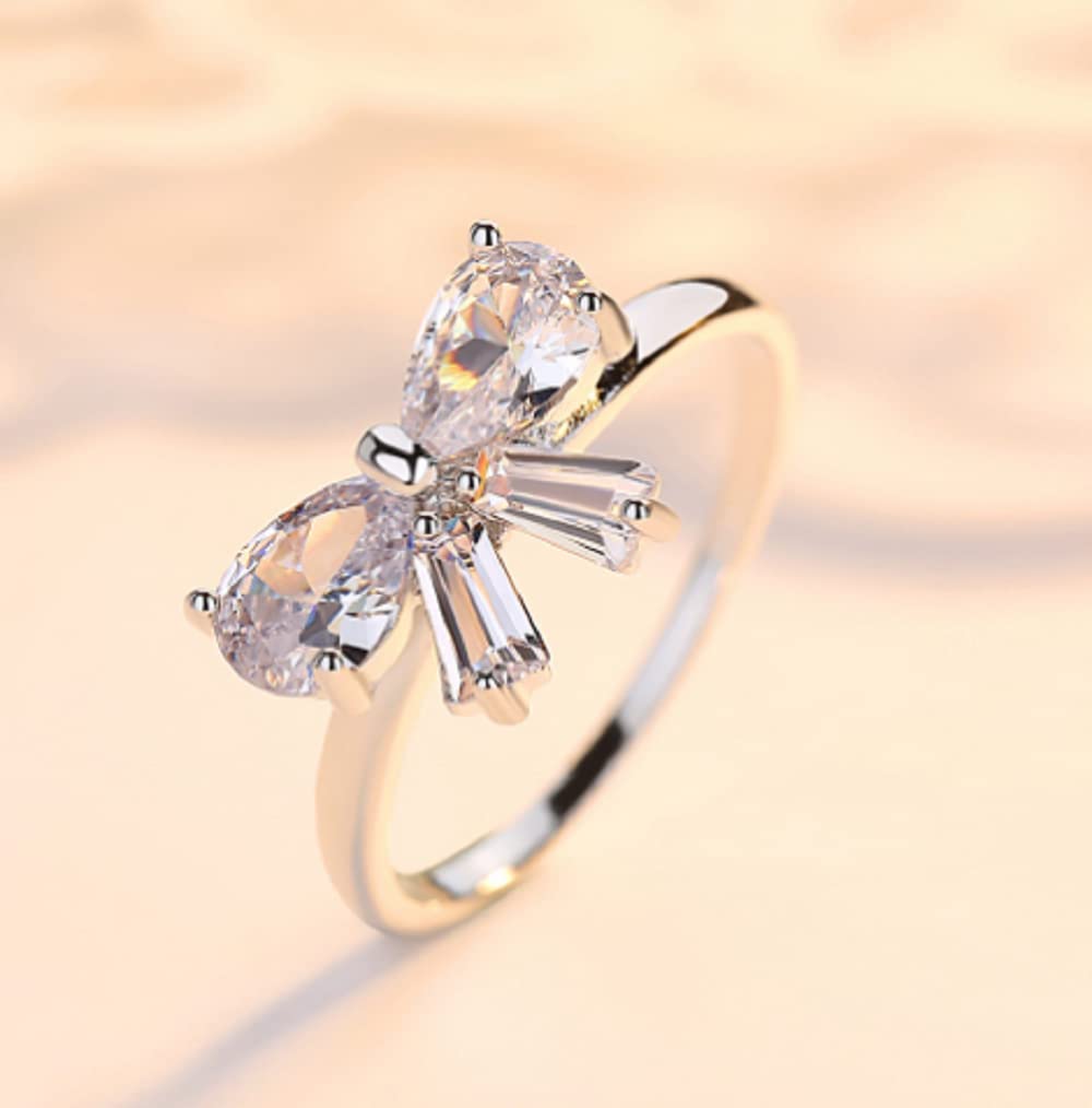 HUKQBUNX 925 Sterling Silver Bow with Diamond Zircon Ring Ring Wedding Engagement Birthday Party Ring Size 6-9 (Size 6)