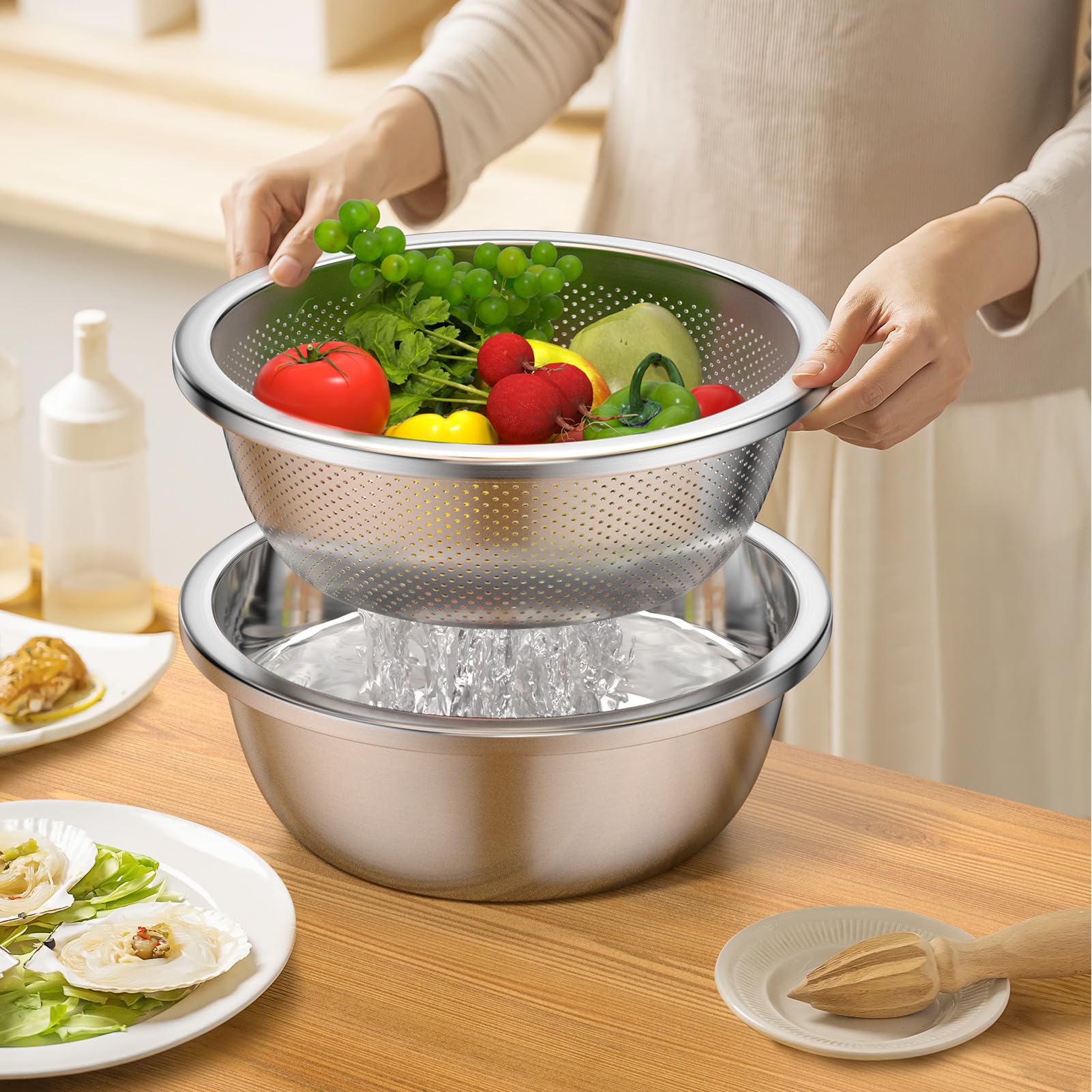 JSCARES 304-Stainless-Steel Colander with Mixing Bowls, 2-Quart Large Capacity, Metal Strainer Set Microporous Colander for Washing & Draining Rice, Fruit, Vegetables, Noodle, Cooked pasta(2PC)