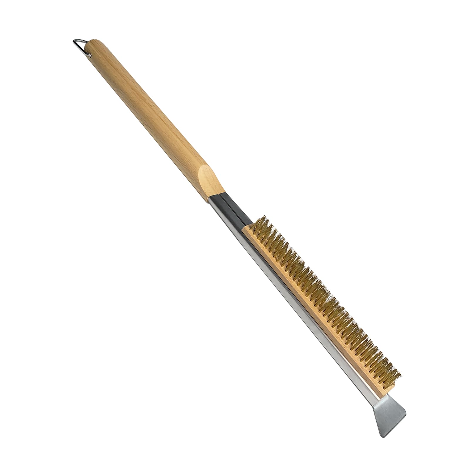 InterMaka 21 Inch Pizza Oven Brush with Scraper, Long Handle Pizza Stone Brush, Grill Cleaning Brush, Outdoor Pizza Oven Accessories with Wood Handle & Brass Bristles