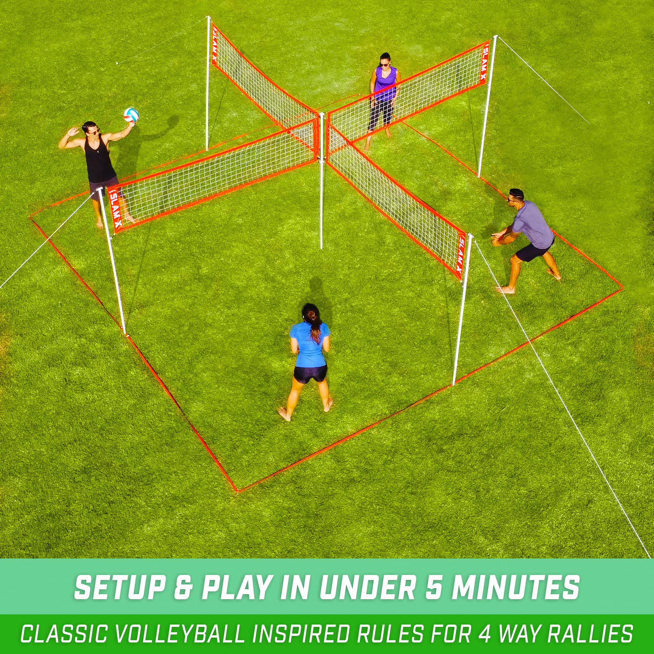 GoSports Slam X Huge 21 ft x 21 ft 4 Way Volleyball Game Set - Ultimate Backyard & Beach Game For Kids And Adults