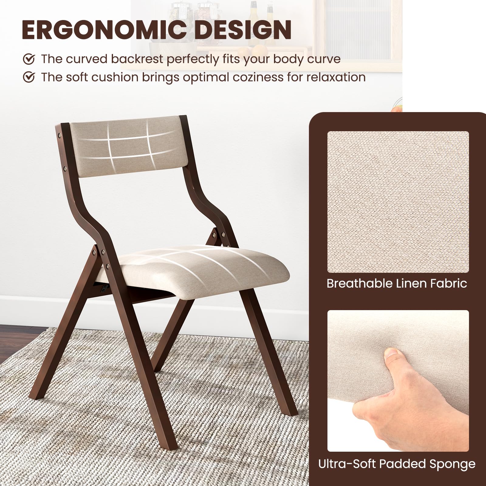 Giantex Folding Dining Chairs Set of 2, No Assembly Folding Chairs w/Linen Padded Seats, Wood Foldable Kitchen Chairs, Easy to Store Extra Event Chairs, Padded Folding Chair for Wedding Guests Party