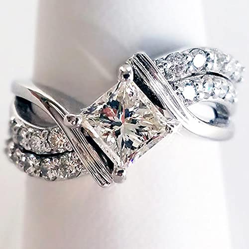 Gixaxak 925 Silver Ring Square Cubic Zirconia Inlay Ring CZ Crystal Square Engagement Rings Split Shank Promise Rings Wedding Personality Bands 7
