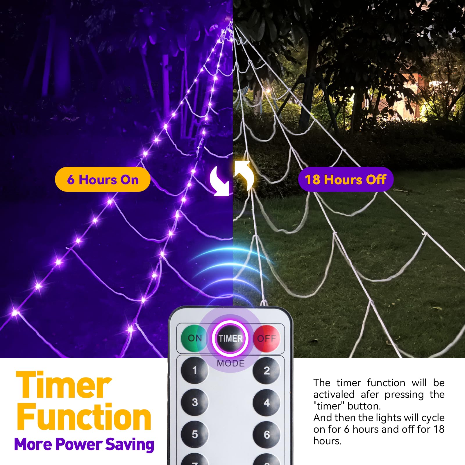 Halloween Decorations Spider Webs with 135 Purple Lights, 200" Triangular Huge Web, One Huge Spider, 20pcs Small Spiders and Extra Fiber for Outdoor Yard Decors