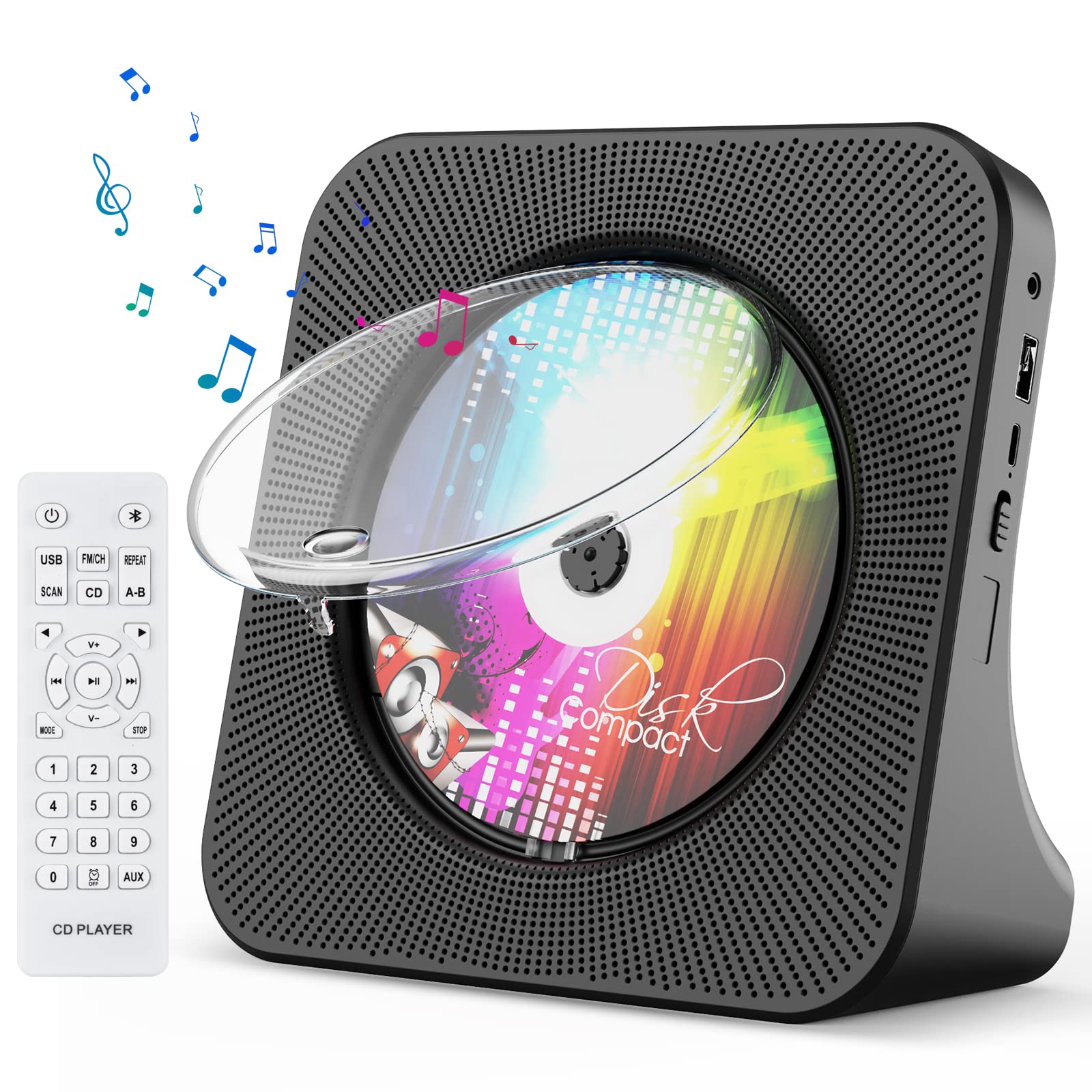 Gueray Portable CD Player, Bluetooth CD Kpop Player for Desktop with HiFi Sound Speaker, FM Radio CD Music Player for Home with Remote Control, Dust Cover, LED Screen, Support AUX/USB, Headphone Jack