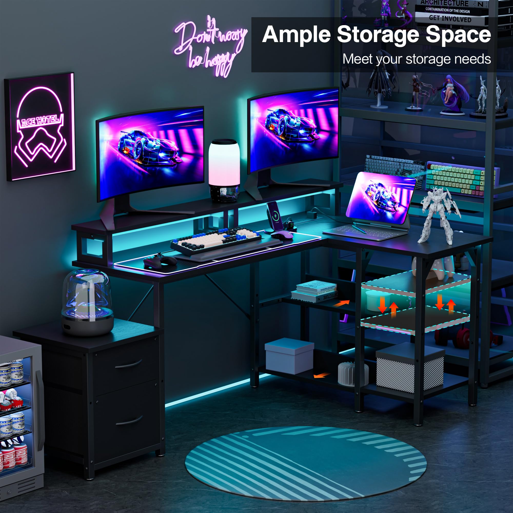 L Shaped Gaming Desk,Oopswow Computer Desk,68 Inch Office Desk with File Drawers & 2-Tier Storage Shelves,Large Reversible Corner Desks Writing Study Workstation with Power Outlets & LED Lights,Black
