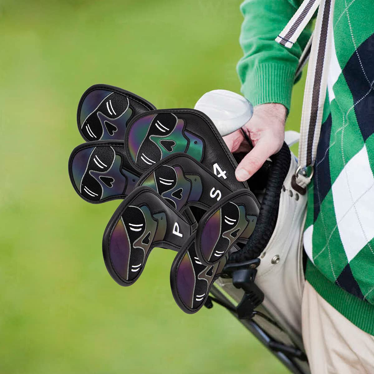Golf Iron Covers 10pcs,Golf Iron Head Covers Leather Golf Iron Covers Set Skeleton Golf Iron Headcovers,Long Neck Golf Club Head Covers for Iron with Magic Tape Fit All Brands