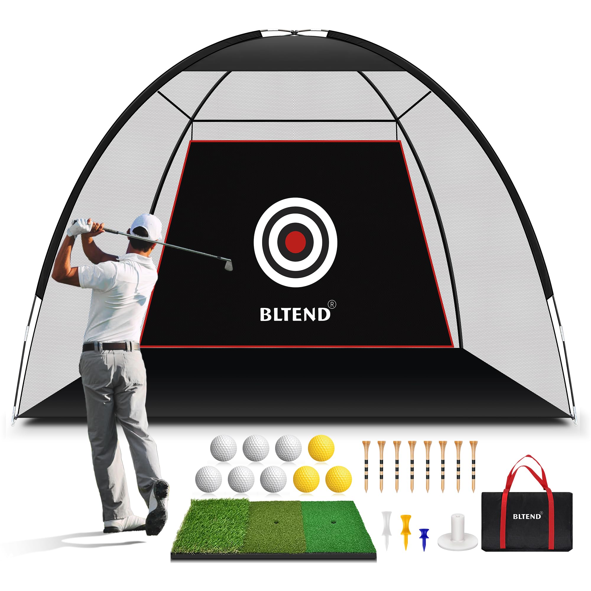 Golf Net - 10x7ft Golf Practice Nets for Backyard Driving with Golf Mat, 11 Golf Tees, 9 Golf Balls, Golf Hitting Training Net for Indoor Outdoor Use - Perfect Golf Training Equipment