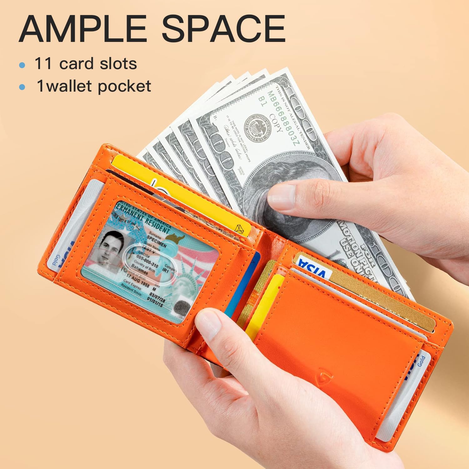GSOIAX Slim Wallet for Men with 11 card Slots Rfid Blocking Carbon Fiber wallets Bifold Credit Card Holder Minimalist Leather With Gift Box (Carbon Black and Orange)