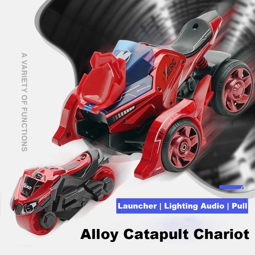 Gilumza Pull Back Motorcycle Toys, Motorcycles Launcher Toy with Music Lighting, 2 in 1 Catapult Race Trinity Chariot Gift for Boys Kids (Red&Black)