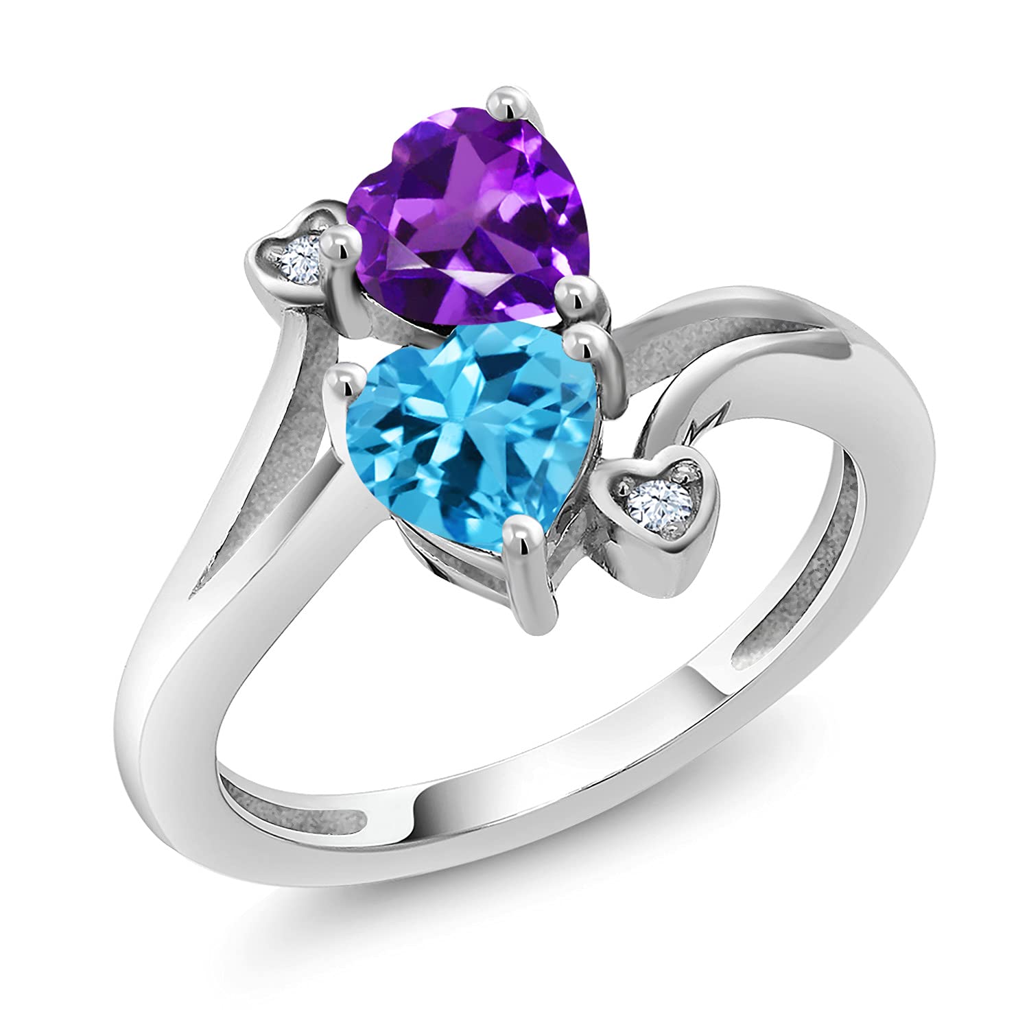 Gem Stone King 925 Sterling Silver Purple Amethyst Swiss Blue Topaz Ring For Women (1.63 Cttw, Heart Shape 6MM, Gemstone February Birthstone, Available In Size 5, 6, 7, 8, 9)