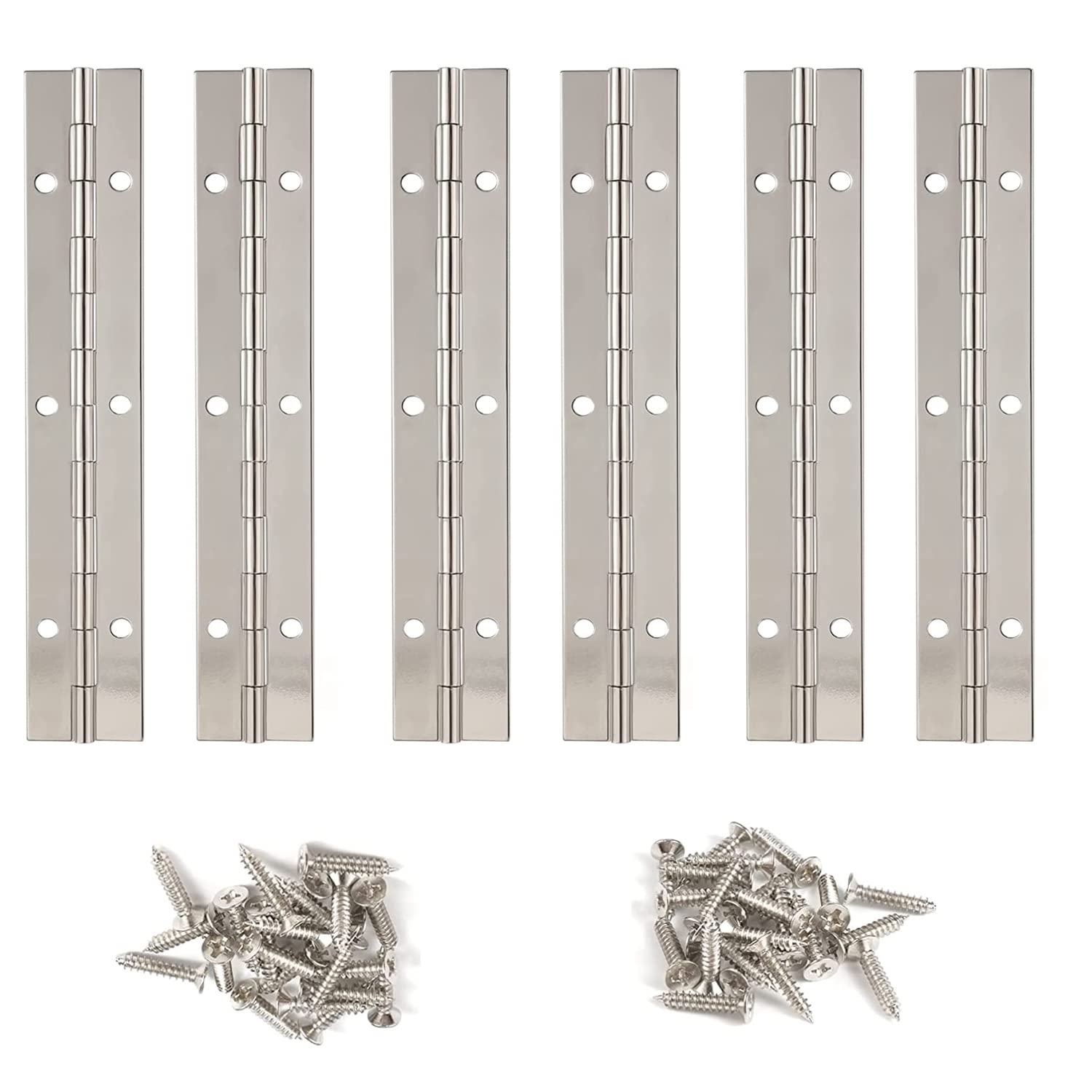 HyPROM Piano Hinge Heavy Duty Continuous & Piano Hinges,6PCS 6Inch Stainless Steel Piano Hinges Folding Door Butt Hinge,0.04" Thickness 1.2”Open Width for Boats Cabinets Storage Box with Screws