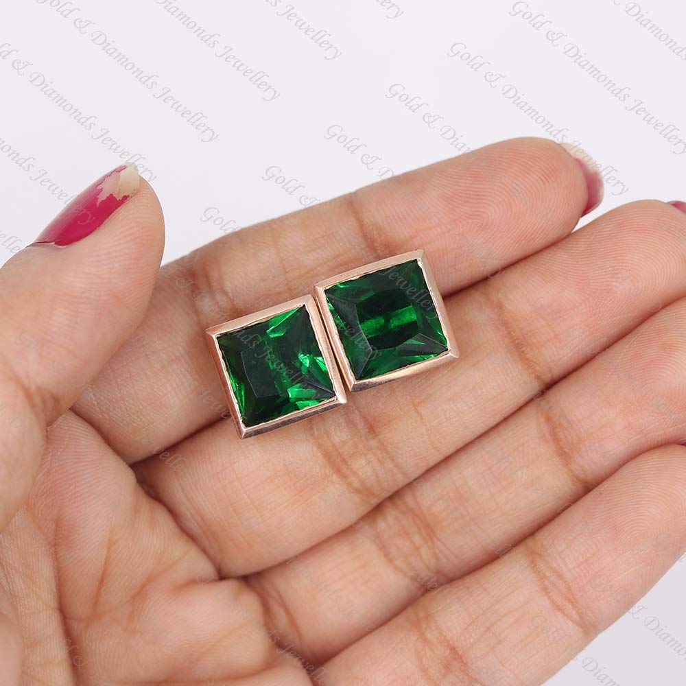 Gold & Diamonds Jewellery Bezel Set Princess Cut Created Green Emerald (3MM) Solitaire Stud Earrings 14K Rose Gold Over .925 Sterling Silver