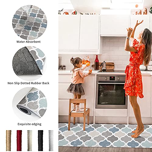 Houseown Kitchen Rugs and Mats 2 Pcs Set, Boho Moroccan Blue Grey Geometric Plaid Microfiber Kitchen Mat Non-Slip Washable Home Decor for Kitchen Floor Home Office Laundry