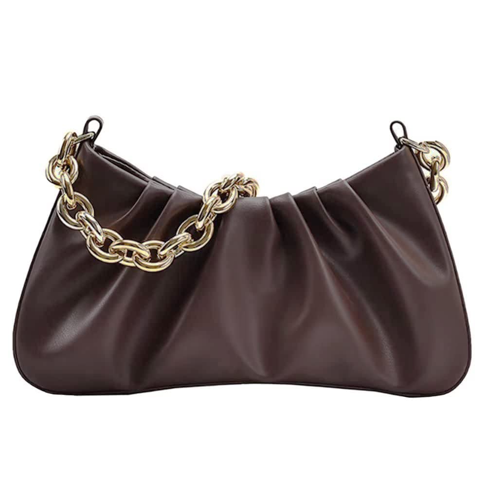 JRNDNIUO Chain Purse Bag for Women, 90s Shoulder Purses, Trendy Dumpling Handbag, Cloud Pouch Purse with PU Leather Gold Chain Clutch Brown