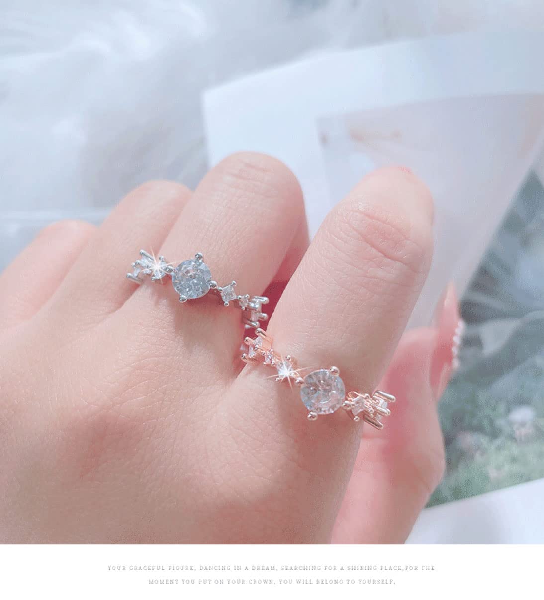 HONYAT Simulation Diamond Ring Wedding or Engagement Opening Copper Silver Plated Adjustable Ring Fashion S925 Sterling Silver Zircon Single Diamond Live Mouth Ring