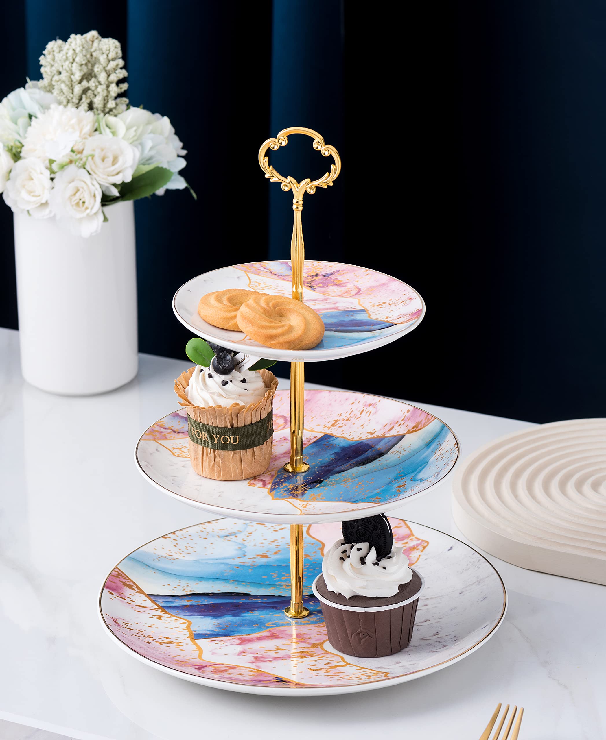 Jusalpha Fine China Rainbow Galaxy Series 3-tier Cake Stand- Cupcake Stand- Tea Party Pastry Serving Platter in Gift Box and a Free Sugar Tong (Rainbow Galaxy 3T)