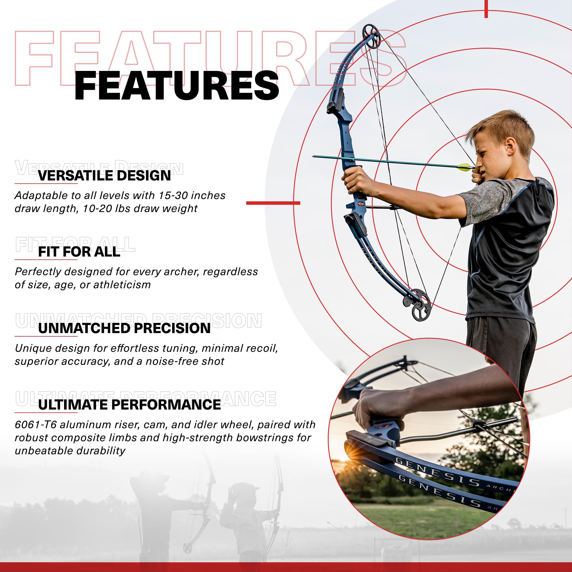 Genesis Original Lightweight Right Handed Archery Compound Bow w/ Adjustable Aluminum Riser, Cam Draw Weight, & Draw Length for Kids and Adults, Black