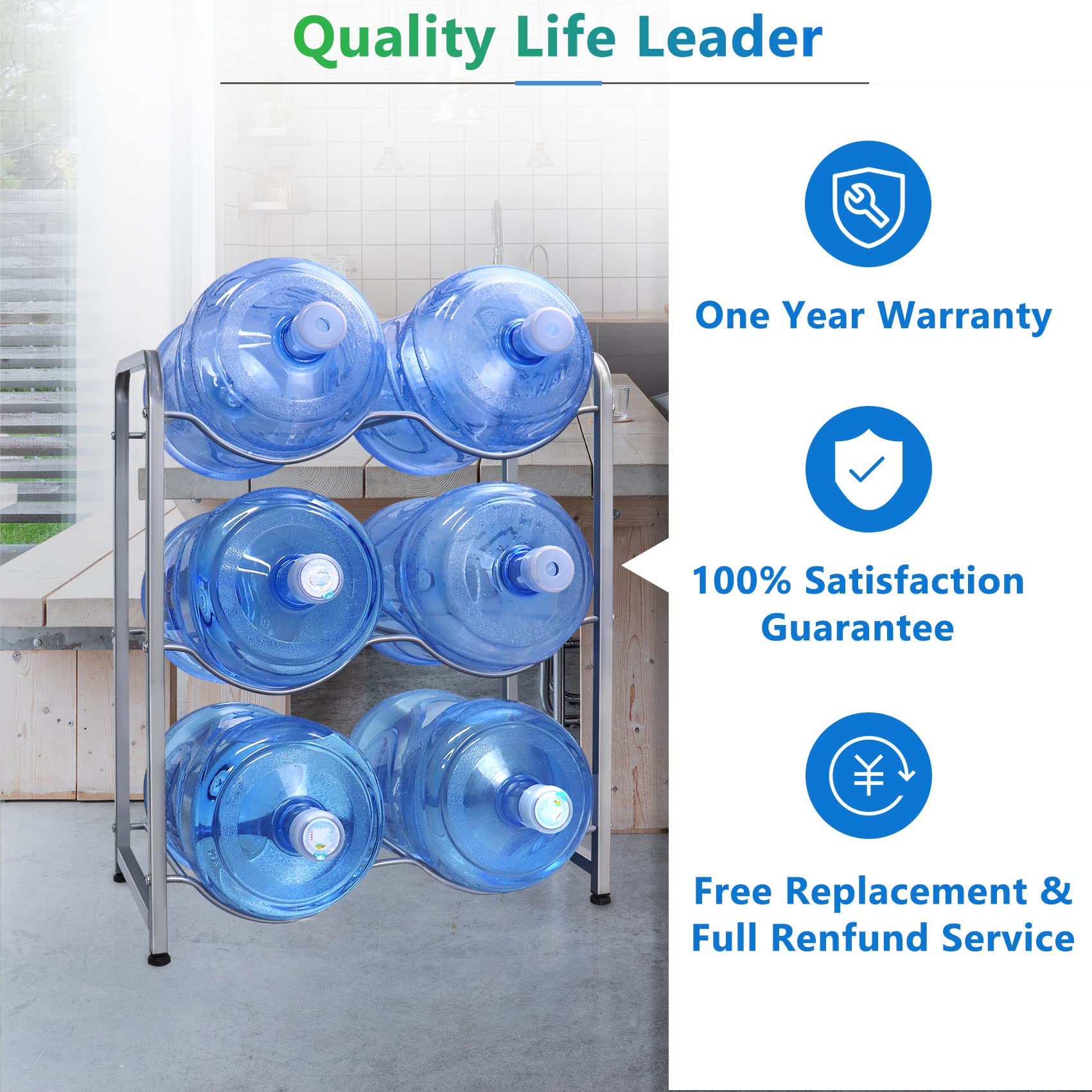 Iococee 5 Gallon Water Bottle Holder, Water jug Holder Rack 3-Tier, Water Cooler Jug Rack for 6 Bottles, 5 Gallon Water Bottle Storage Rack Heavy Duty, with Floor Protection for Home, Office