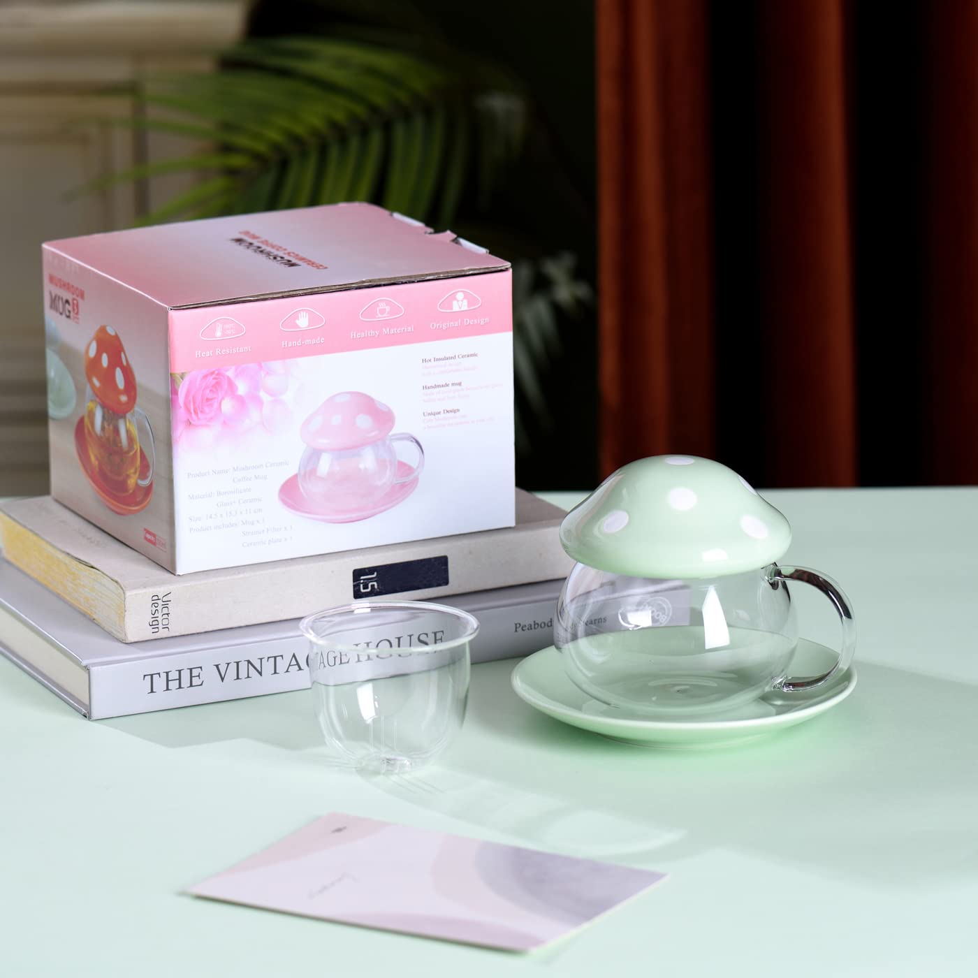 Hyltd Mushroom Tea Cup Mushroom Mug Cute Glass Tea Cups Mushroom Cup Mushroom Tea Mug with Filter Lid Coaster 9.6 Ounces (Green)