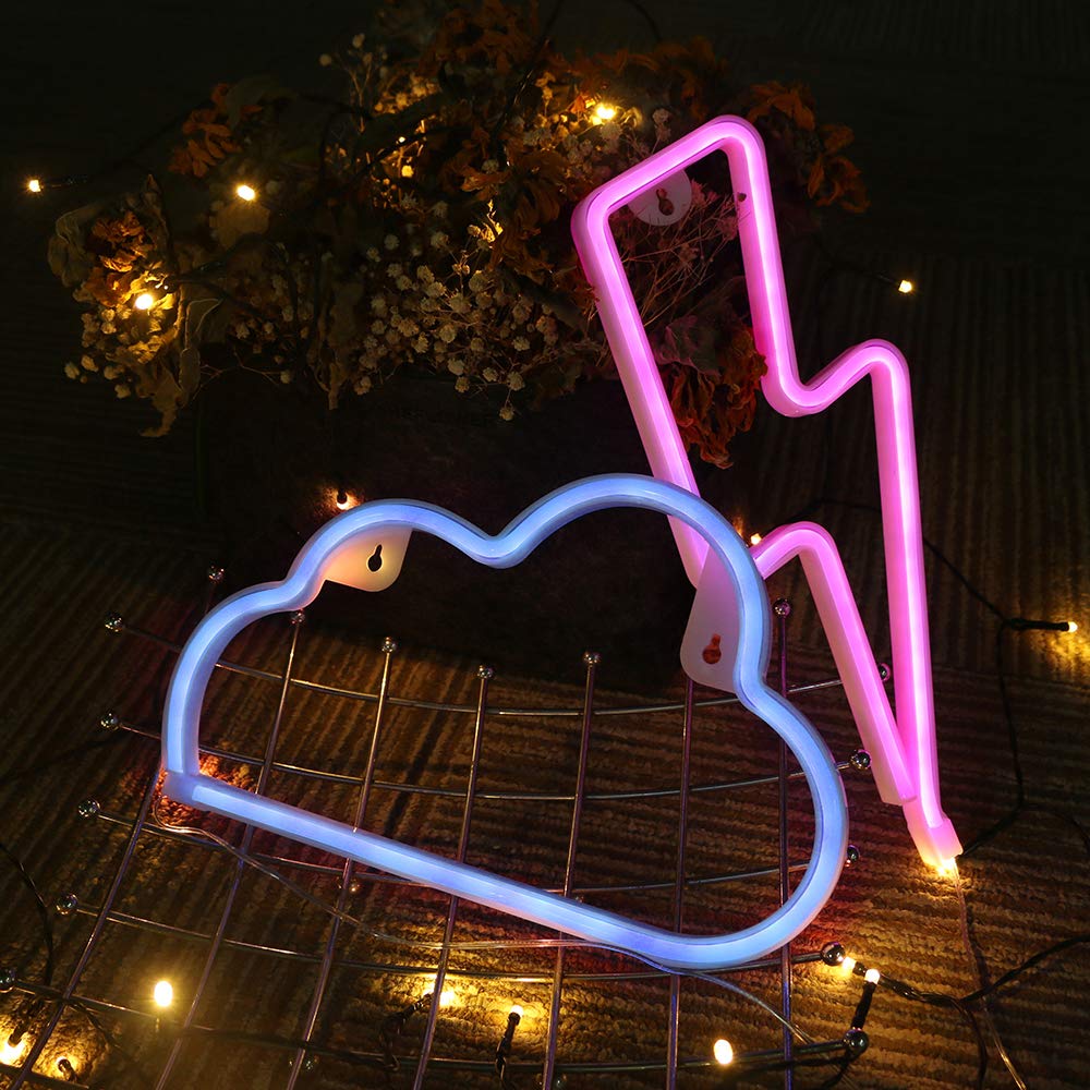 GMY LED Light Signs Wall Decor, Cloud and Lightning Bolt LED Neon Signs for Bedromm, by USB Charging/Battery, Decorative Neon Light for Party, Wedding, Game Room Decor, Christmas Decor, 2Pack