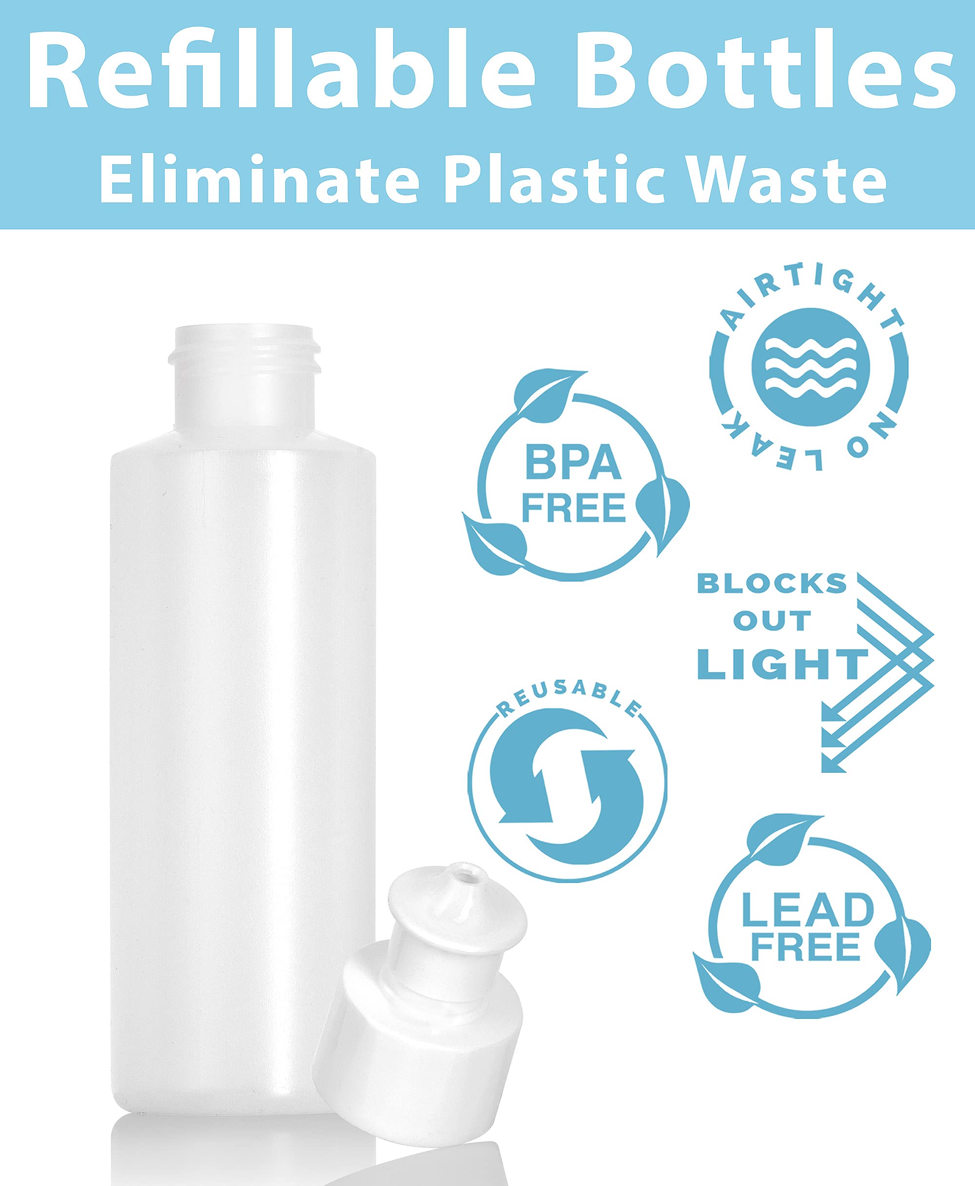 JUVITUS 6 oz Clear Natural Refillable Plastic Squeeze Bottle with White Push Pull Cap Dispenser (12 Pack)