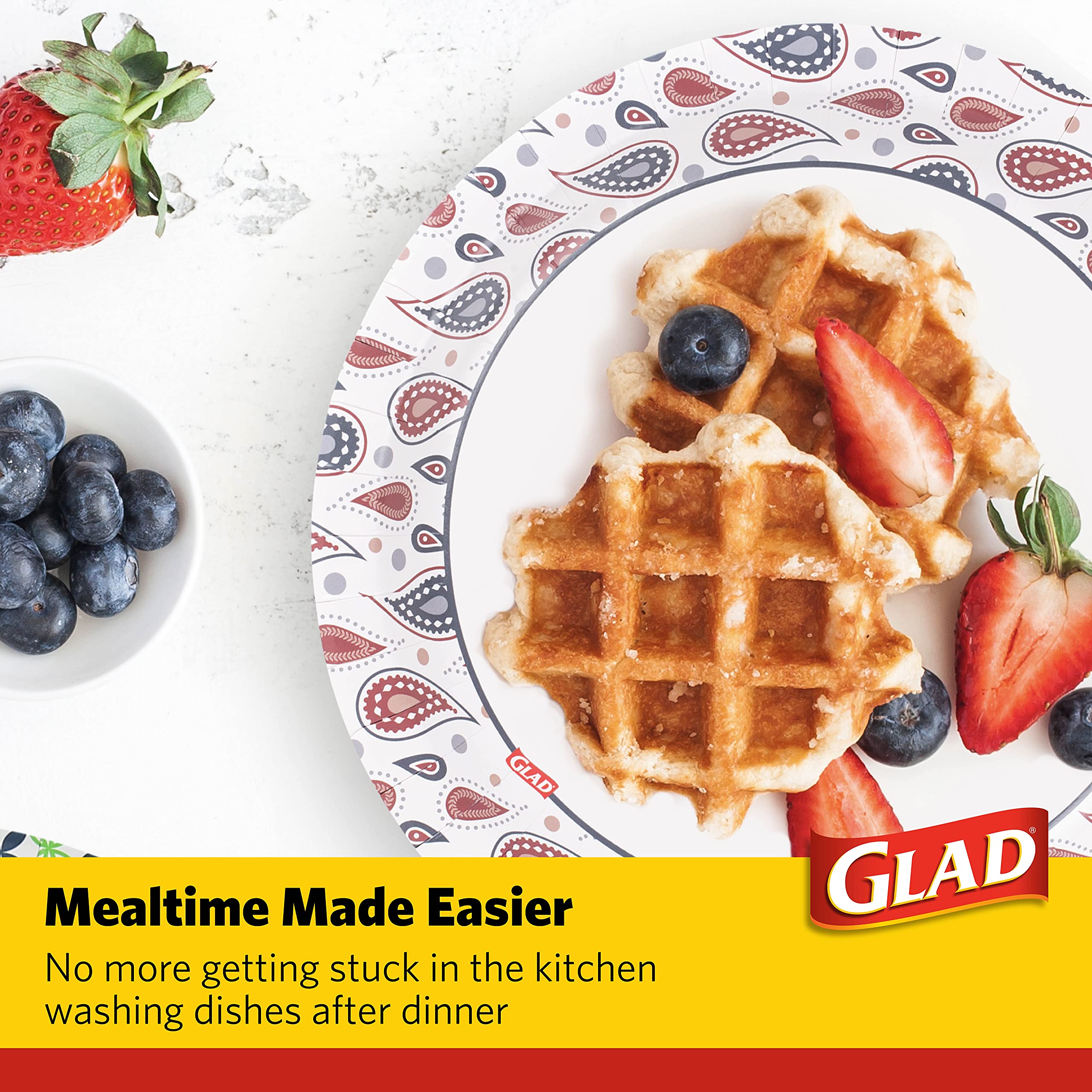 Glad 16 oz Disposable Paper Bowls with Paisley Drops Design, 50 Count | Disposable Bowls for Parties & Picnics and Everyday Use | Microwave Safe, Soak Proof Paper Bowls from Glad