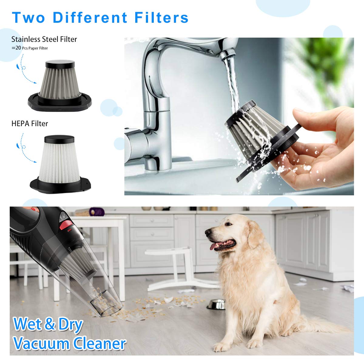 Hand Vacuum Cordless, Handheld Vacuum Cleaner Rechargeable with Strong Suction for Home and Car Cleaning