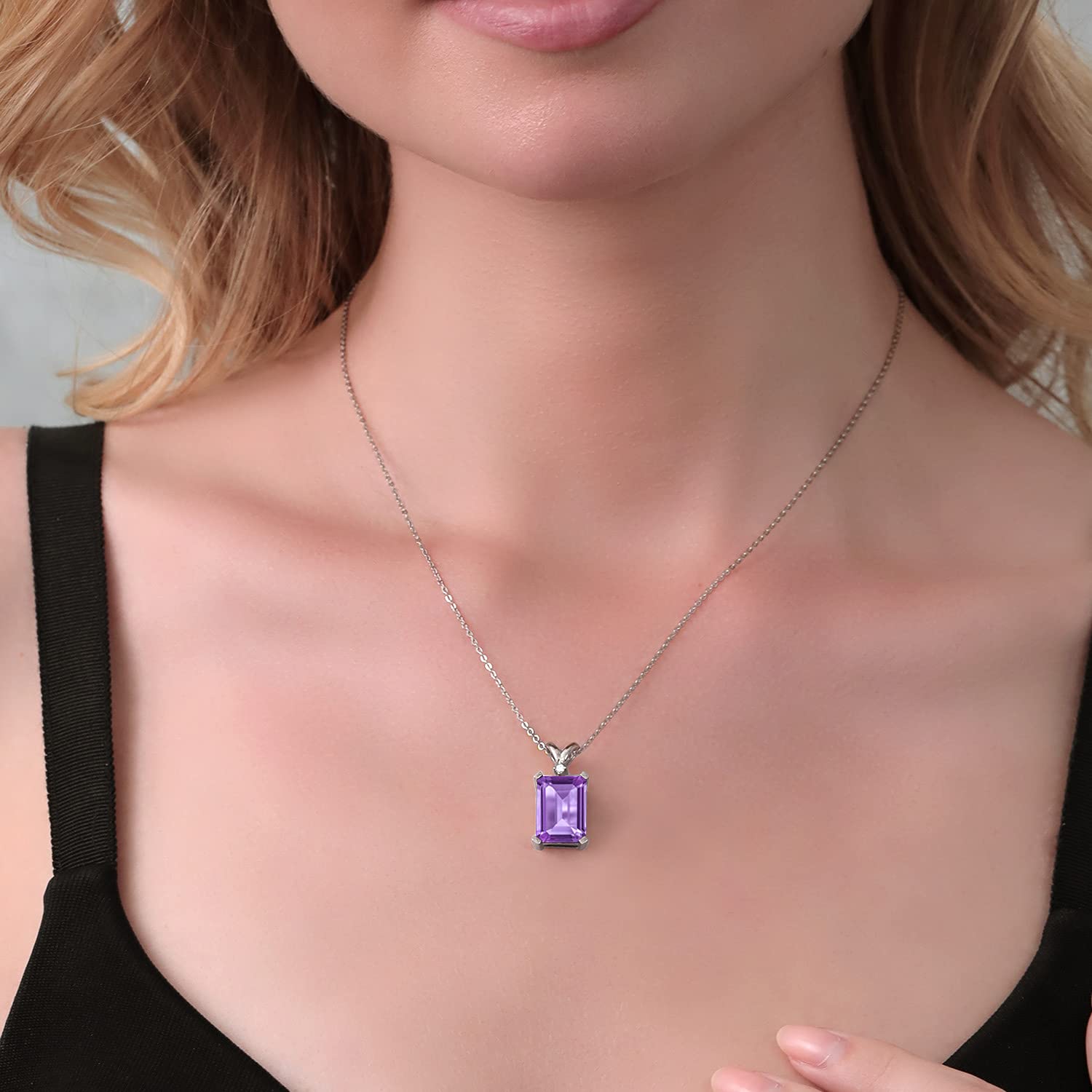 Gem Stone King 925 Sterling Silver Purple Amethyst and White Diamond Pendant Necklace For Women (6.27 Cttw, Gemstone Birthstone, Emerald Cut 14X10MM, With 18 Inch Silver Chain)