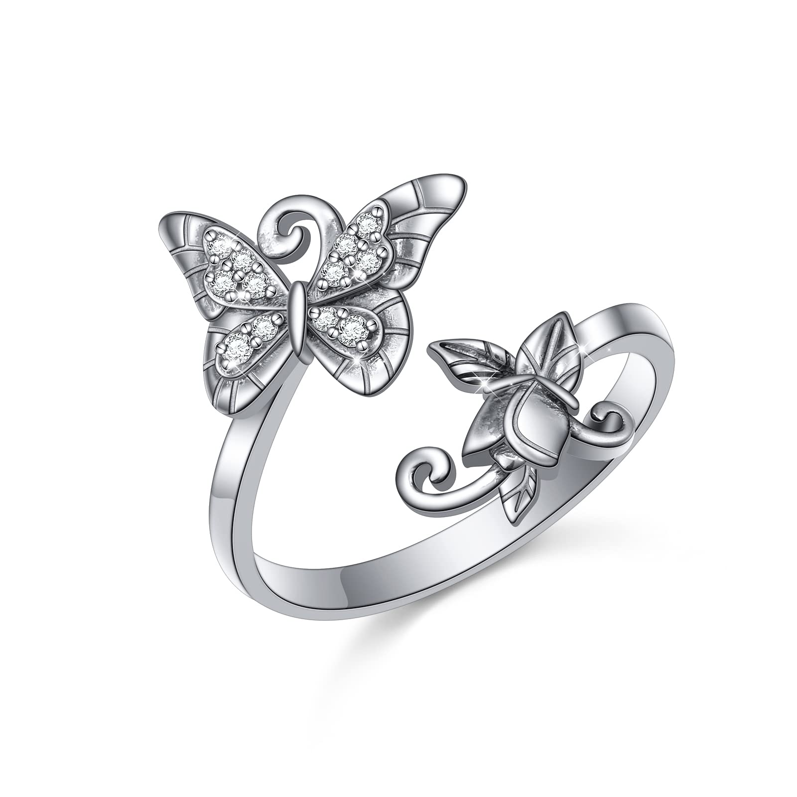 HOOHWE 925 Sterling Silver Butterfly Ring for Women,Adjustable Size,Adjustable Size