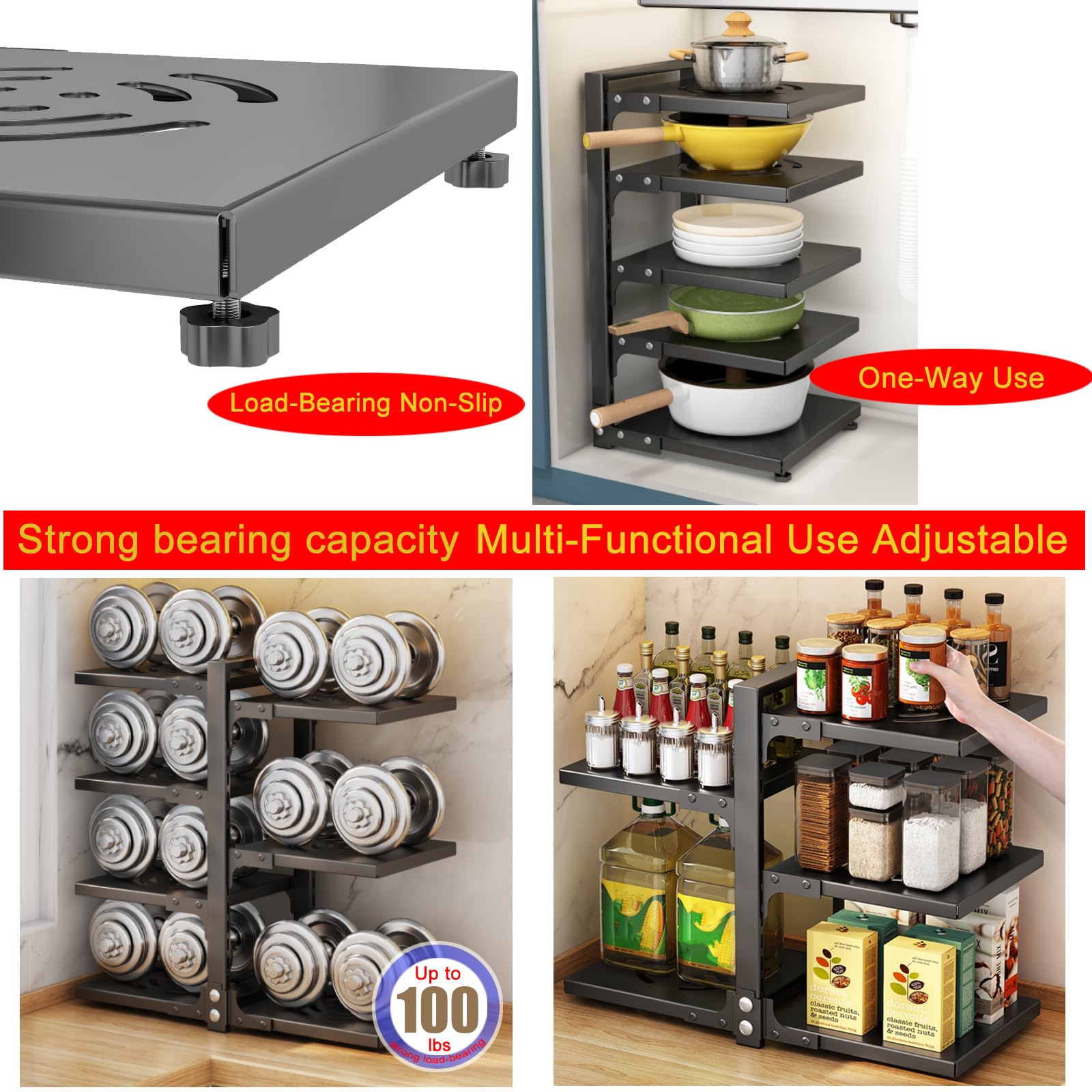 HAOWUJIN Adjustable 6-Tier Pots and Pans Organizer for Cabinet, Black, Iron