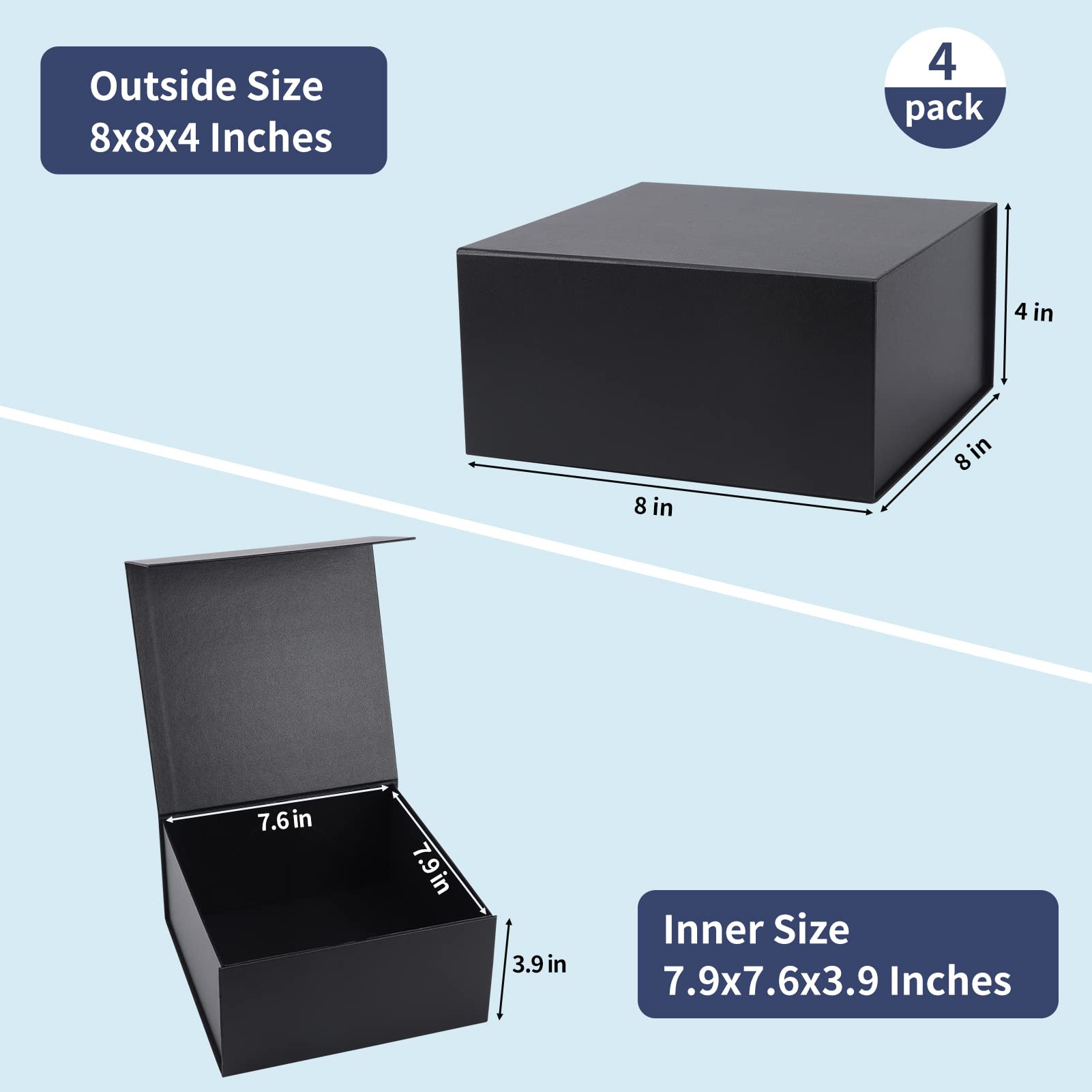 Giftgarden 4-Pack 8”x8”x4” Black Gift Boxes with Magnetic Lids, Square Collapsible Gift Wrap Box Magnet Clourse for Presents, Mothers Day, Birthday, Wedding, Bridesmaid Groomsman Proposal Box