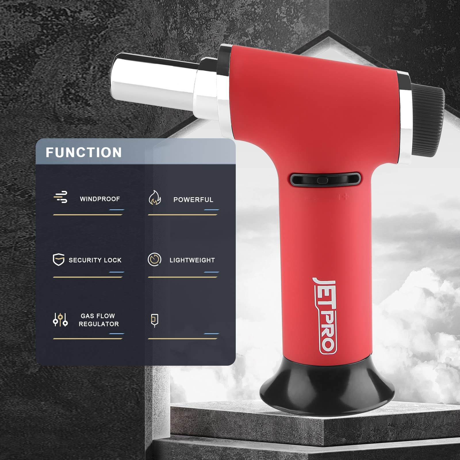 JETPRO Butane Torch Lighter One-hand Operation Kitchen Cooking Torch with Adjustable Flame for BBQ, Baking, Cream (Butane Gas Not Included) (red)