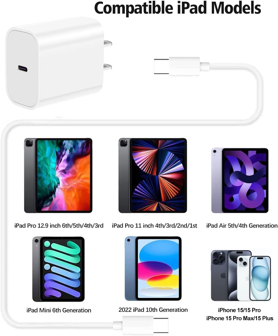 iPad Charger Fast Charging 10FT, 2Pack 20W USB C Wall Charger with 10ft USB C Charging Cord for iPad Pro 13/12.9/11 inch, iPad Air 13/11 inch 5/4th, iPad 10th Generation