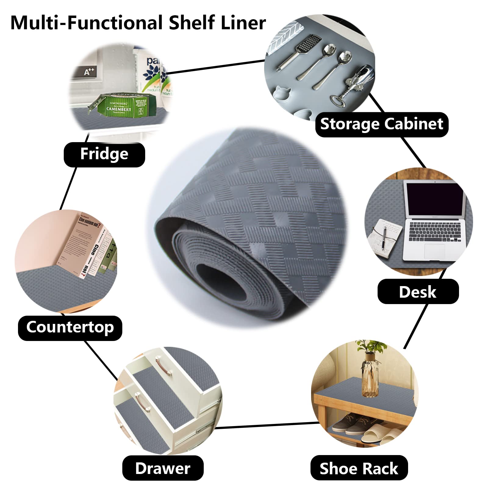 HOMPAL Cabinet Shelf Liner, Drawer Liner, Kitchen Cabinet Liners for Shelves, Non-Slip Wire Shelf Liner Plastic Pad Cabinet Mat Drawer Liners for Kitchen, Fridge, Storage(17.5" x 59" x 3 Rolls)-Grey