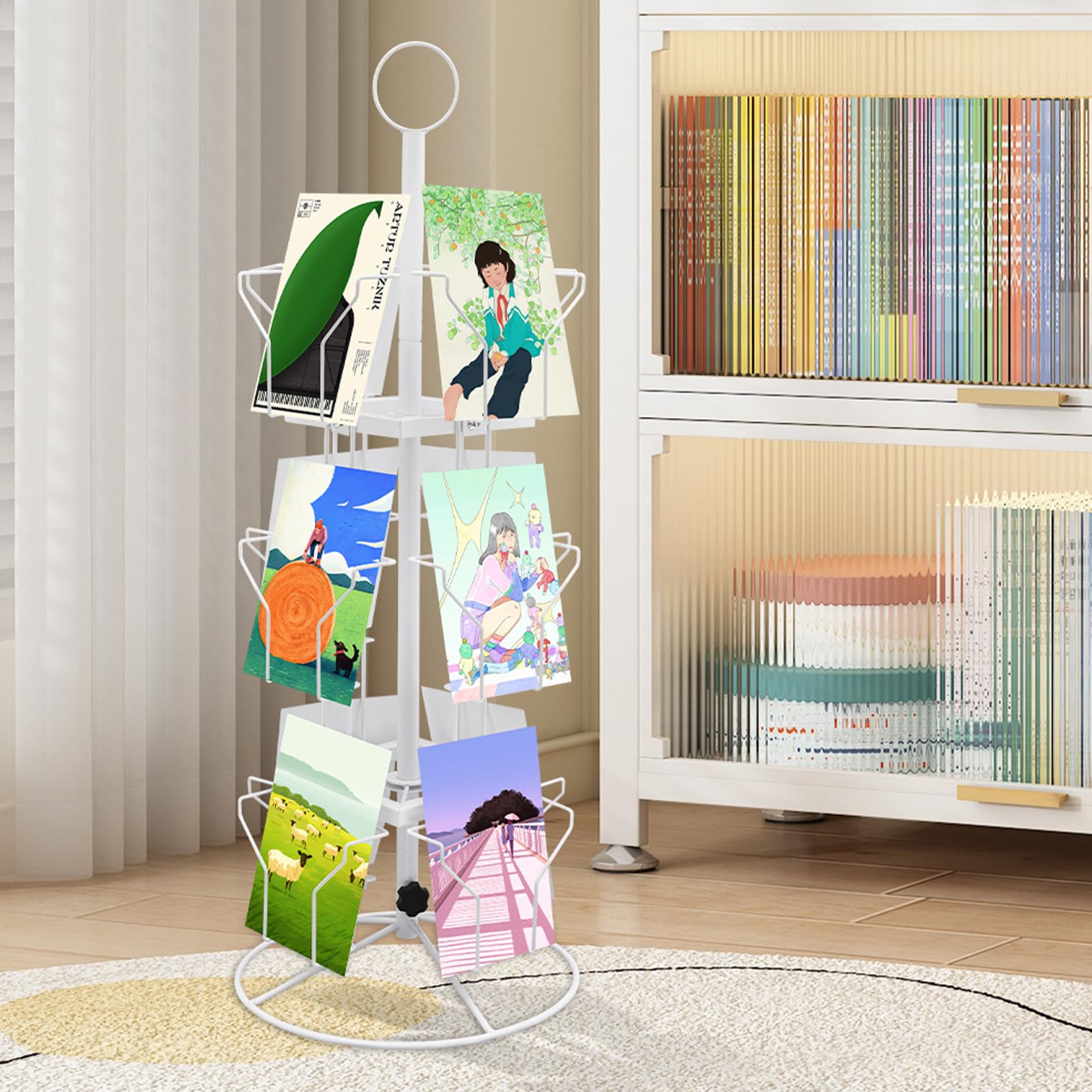 JAJADAH Rotating Greeting Card Rack, Display Stand Spinning Floor Stand, Pocket Rotating Holder for Classroom Office Library & Shopping Mall (3 Tiers - White)