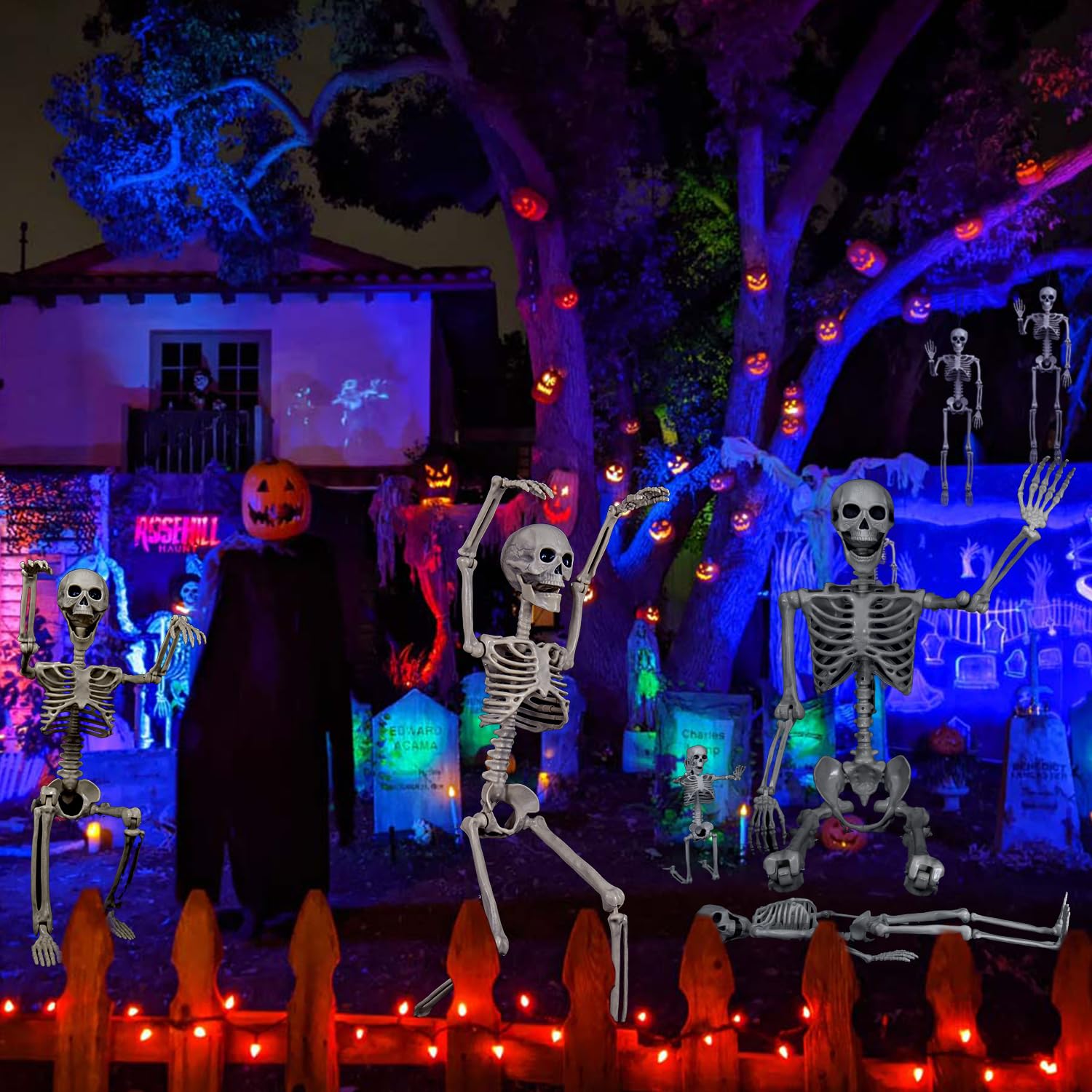 HBSTK 6 Pack(1×40"+2×24"+3×16") Pose-N-Stay Halloween Skeleton Life Size Full Body Posable Movable Jonints for Halloween Decoration Decor