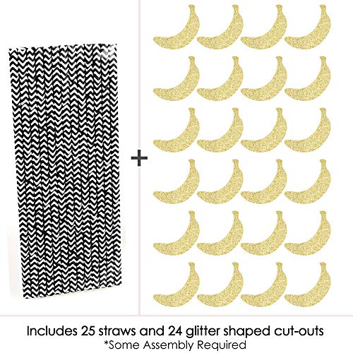 Gold Glitter Banana Party Straws - No-Mess Real Gold Glitter Cut-Outs and Decorative Tropical Party Paper Straws - Set of 24