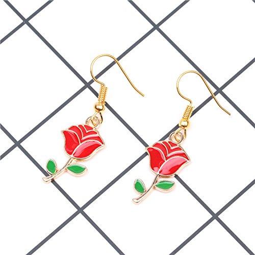 Gold Plated 14K Beauty and the beast Green Leaf Red Rose Flower Charm Tassel Dangle Earrings