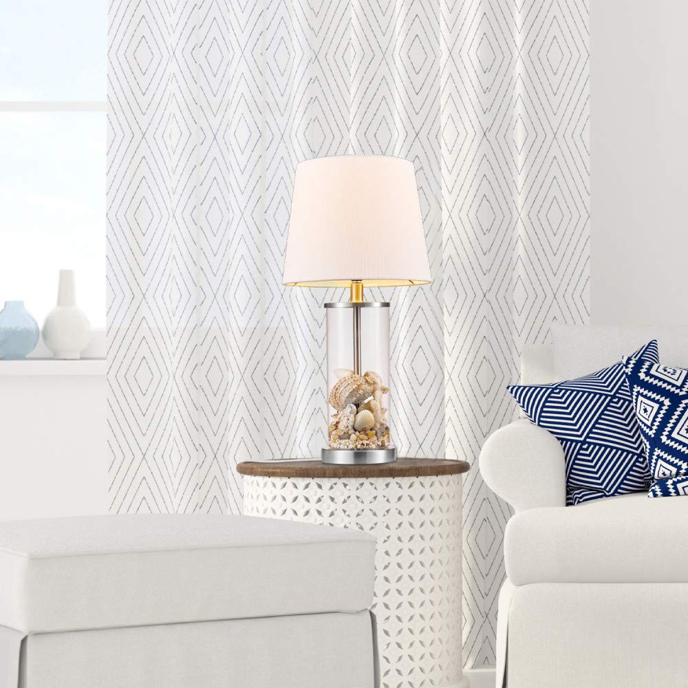 Globe Electric 67155 20" Fillable Table Lamp, Clear Glass and Steel Base, White Fabric Shade, Reading Light, Home Essentials, Bedroom, Nightstands, Room Décor, Dorm