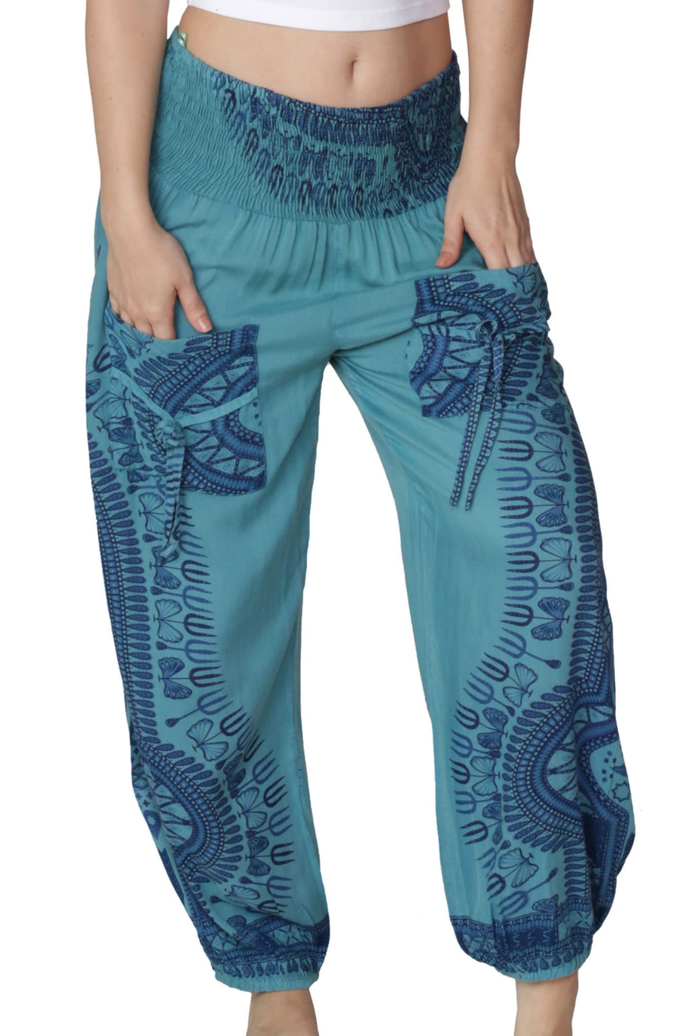 INGEAR Smocked Boho Harem Pants for Women - Hippie Bohemian Casual Gypsy Print, Ideal Yoga Pant - Baggy Harem Pants (X-Large, Solid Black)
