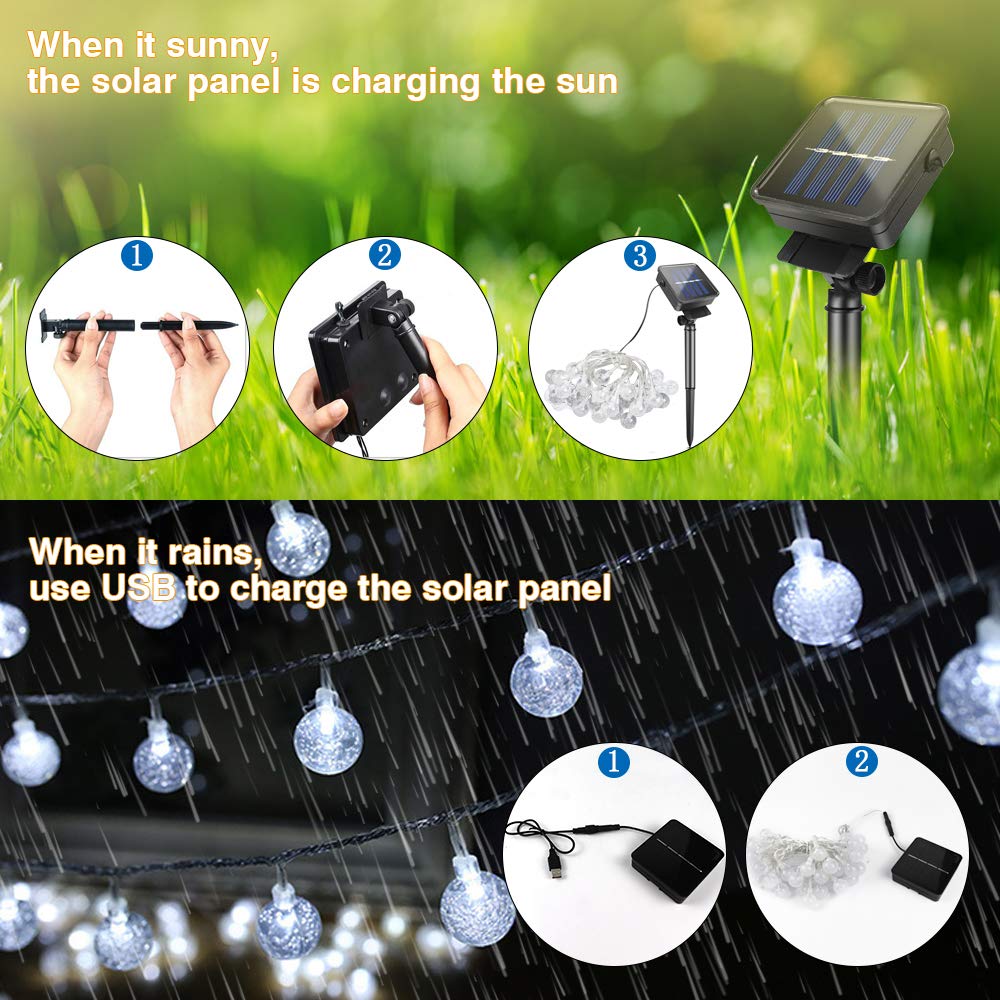 Globe Solar String Lights, Upgraded 23ft 50LED Fairy Crystal Ball Light with Solar & USB Powered, 8 Modes Waterproof String Lights for Garden Wedding Party Outdoor/Indoor Decoration (Cool White)